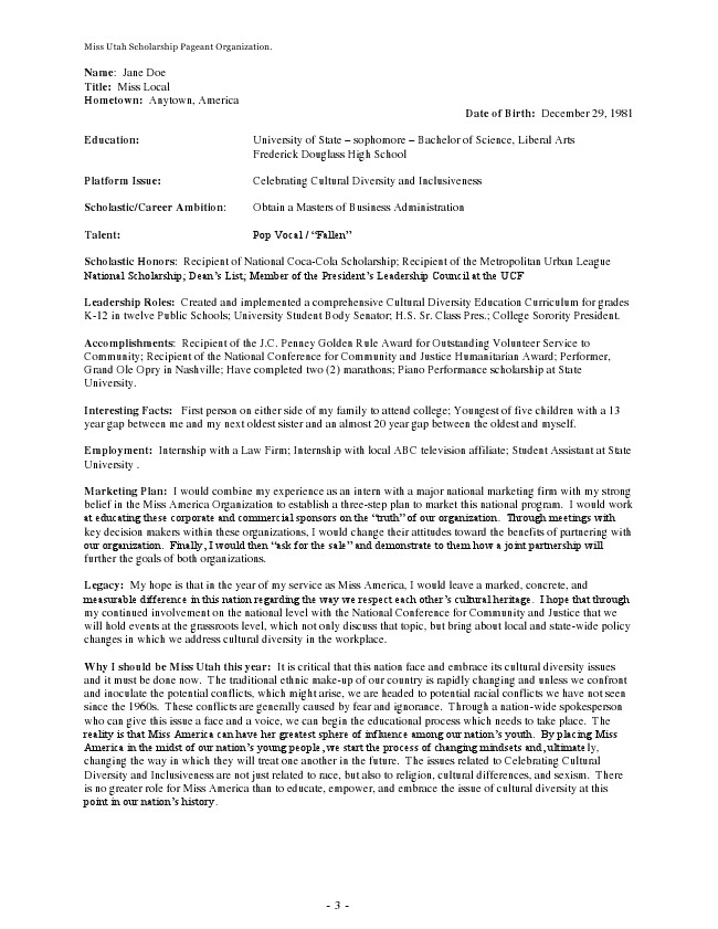 Pageant Resume Templates Williamson ga us