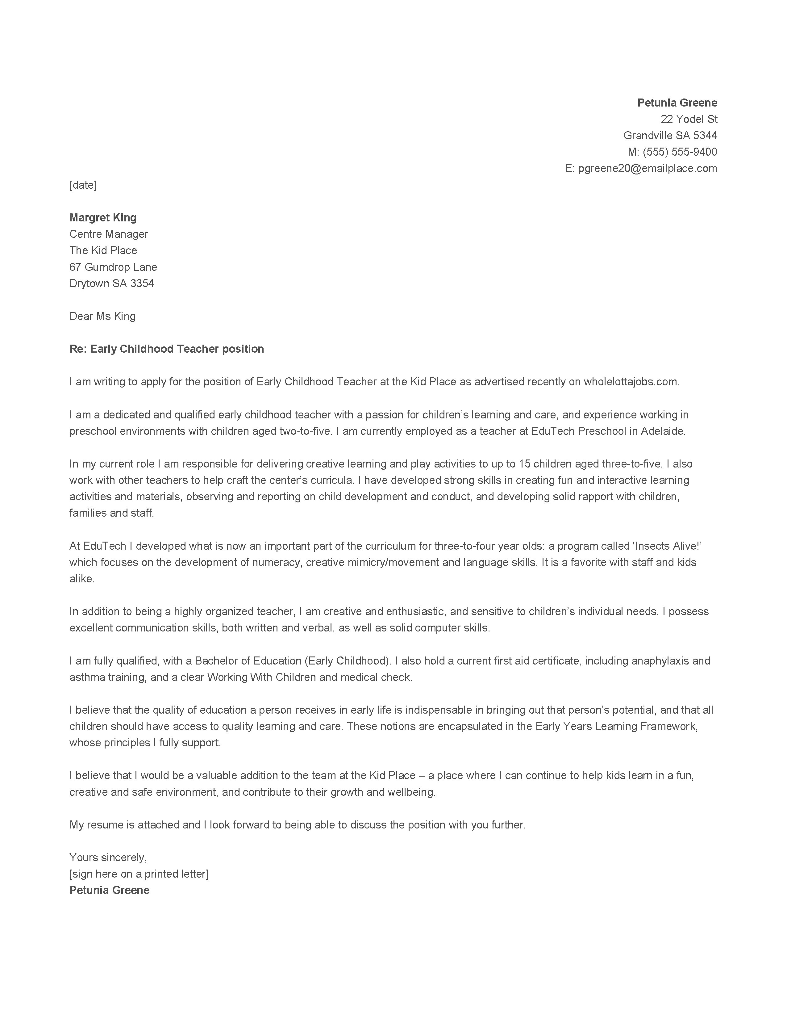 Cover Letter For Early Childhood Educator Williamson ga us