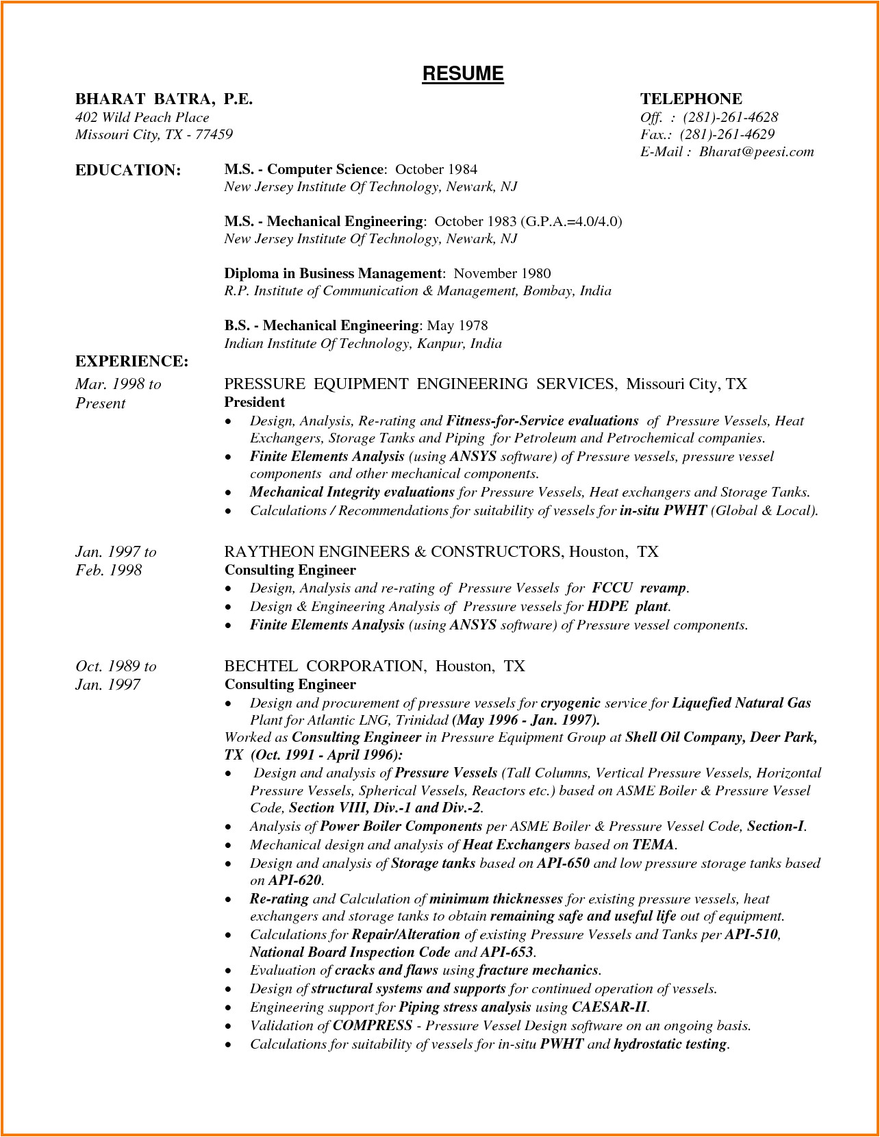 Resume Format Engineering Experienced Terrysemac