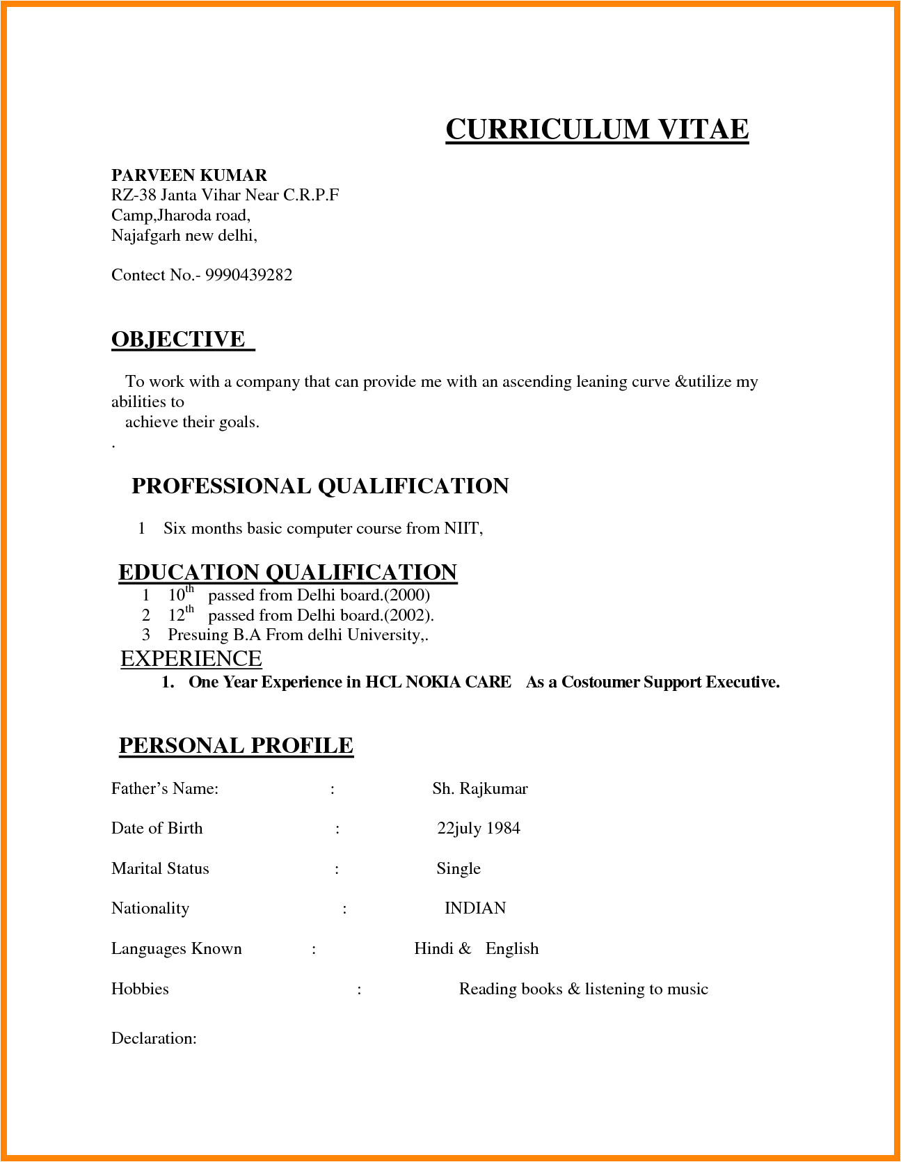 Indian Simple Resume Format Pdf Williamson ga us