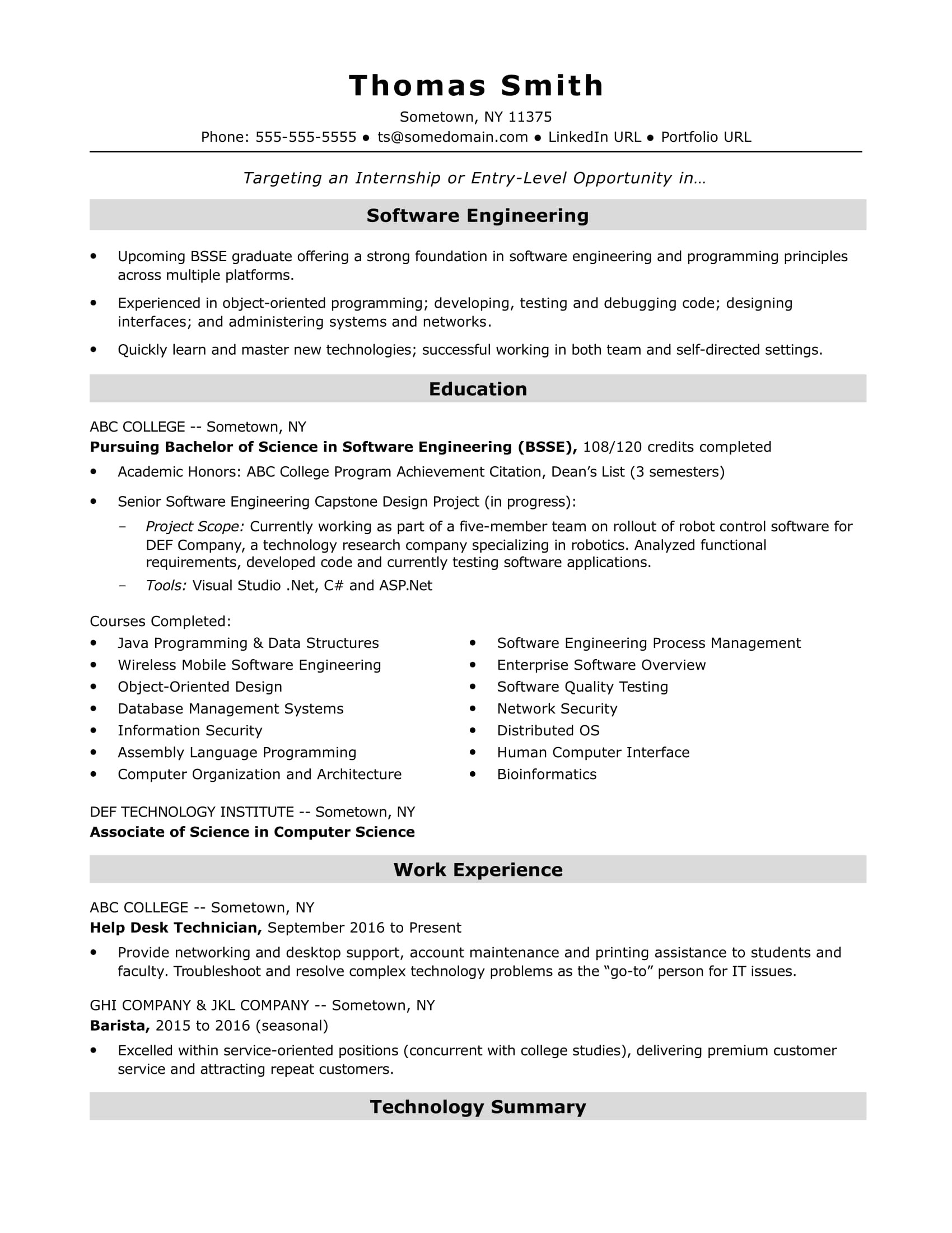 Software Engineer Resume No Experience Williamson ga us